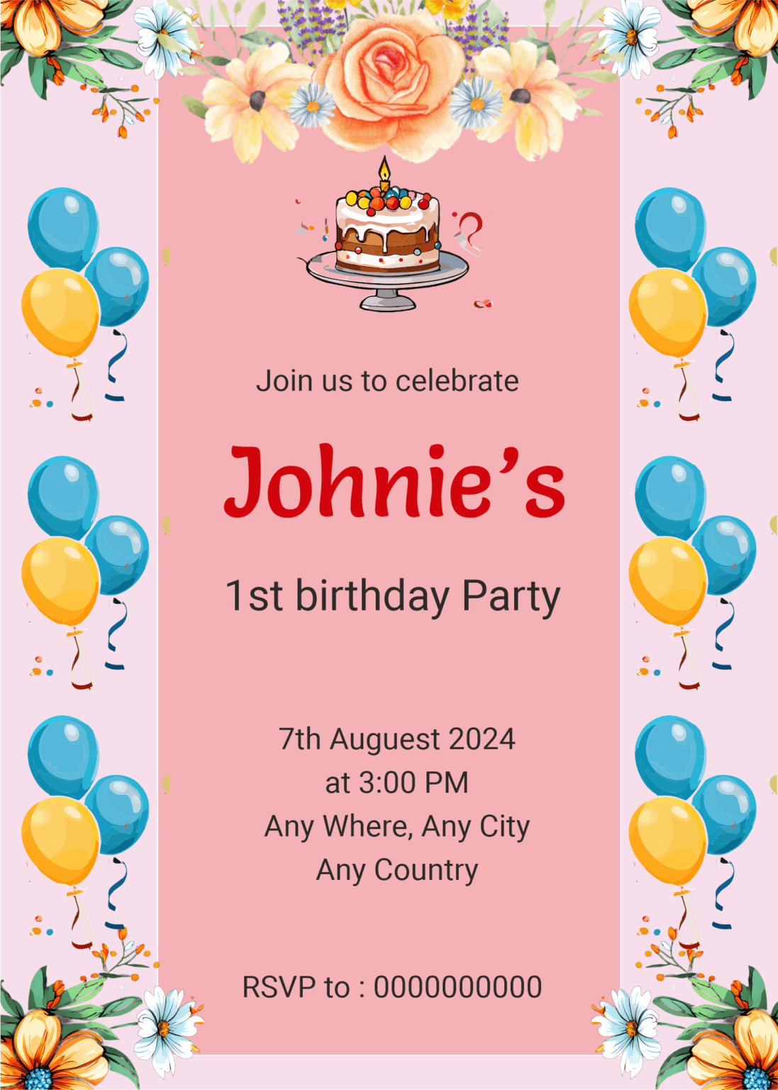 1st Birthday Invitation Card Online Editing Free, Edit Name