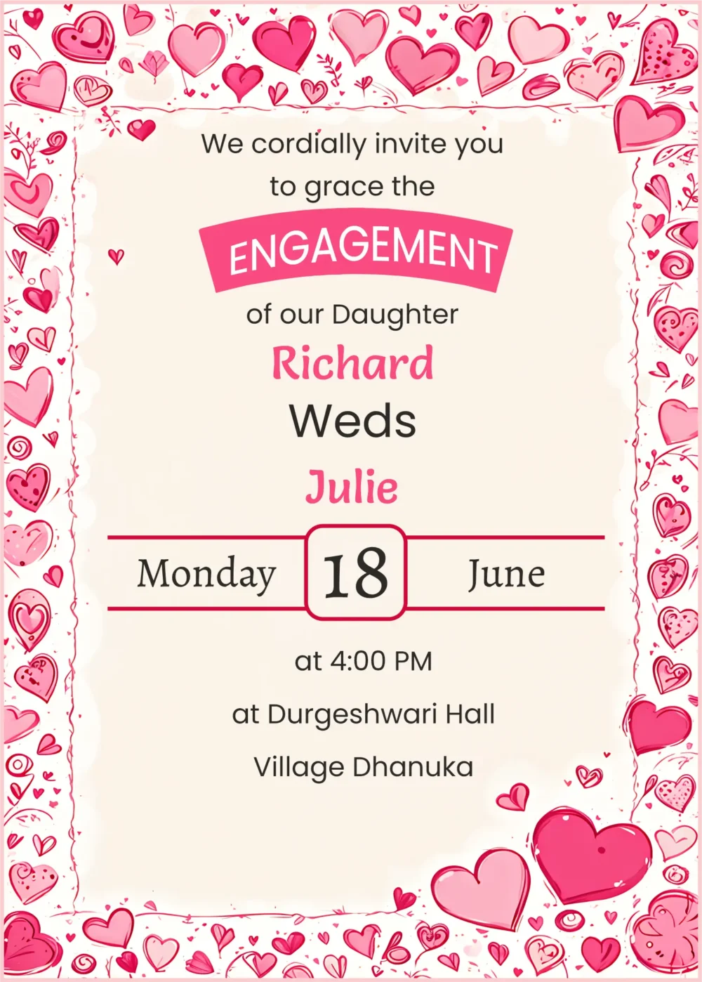Engagement Invitation Template, Hearth Shape Romantic Border
